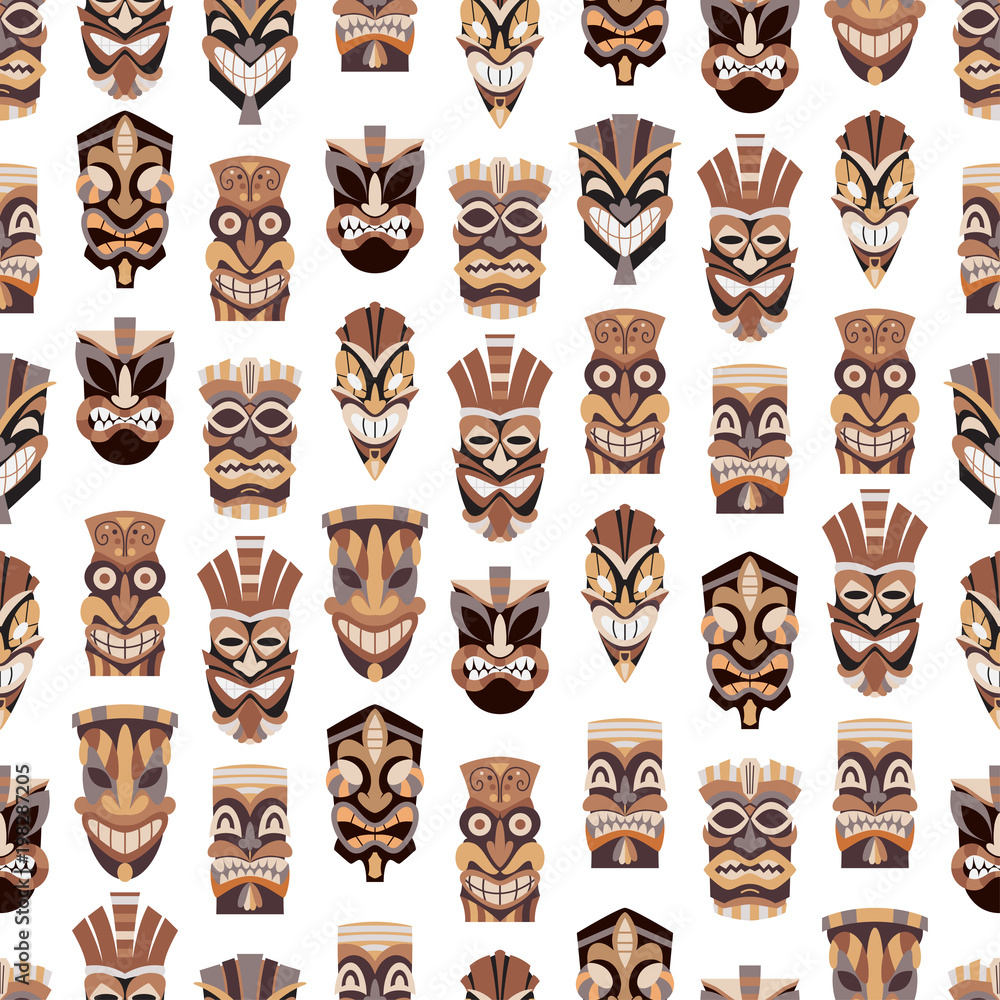 Tribal tiki mask vector seamless pattern on a white background for ...