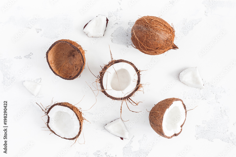 Coconut background. Fresh coconuts on white background. Flat lay, top ...