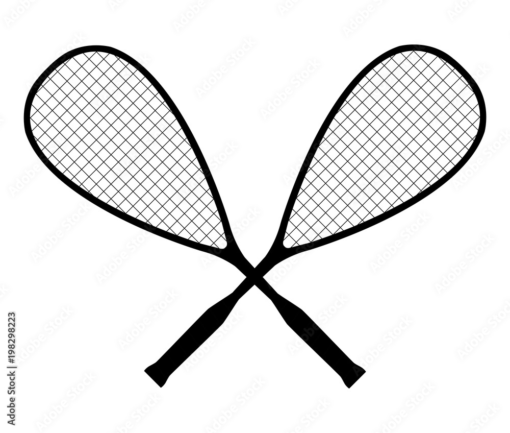 Vector black silhouette of squash or racketball crossed rackets with ...