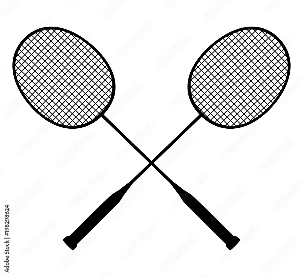 Vector black silhouette of crossed badminton rackets with shuttlecock ...
