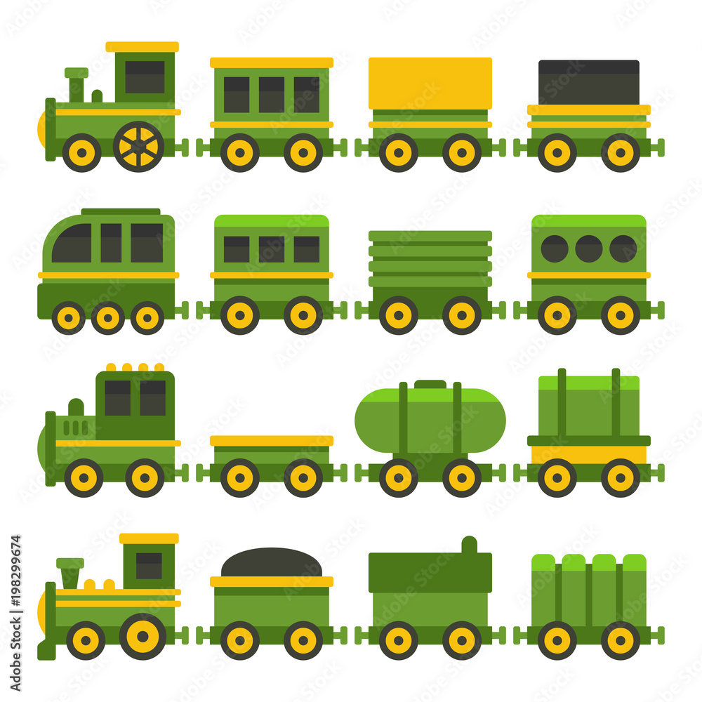 Cartoon Style Green Toy Railroad Train Set. Vector Stock Vector | Adobe ...