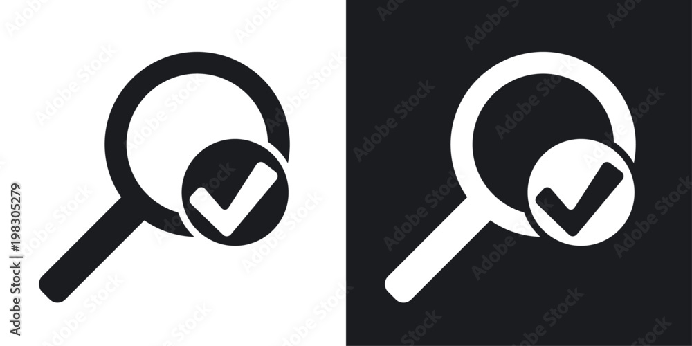 Vector magnifier sign with check mark icon. Two-tone version on black ...