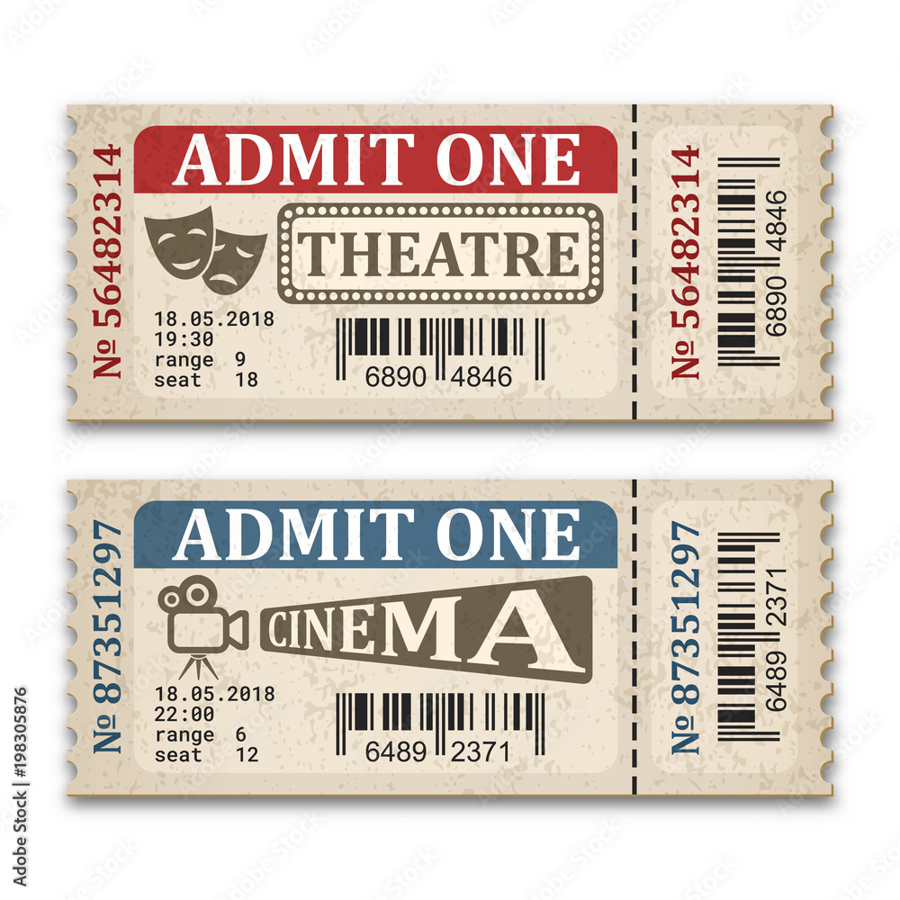 Cinema and theater tickets in retro style. Two admission tickets ...