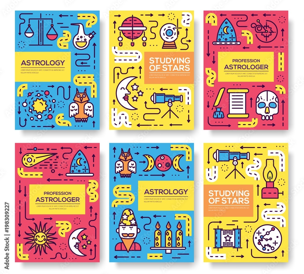 Astrology thin line brochure cards set. Colorful template of flyear ...