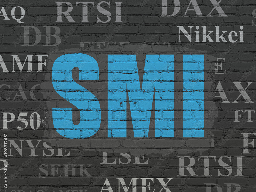 Stock market indexes concept: Painted blue text SMI on Black Brick wall ...