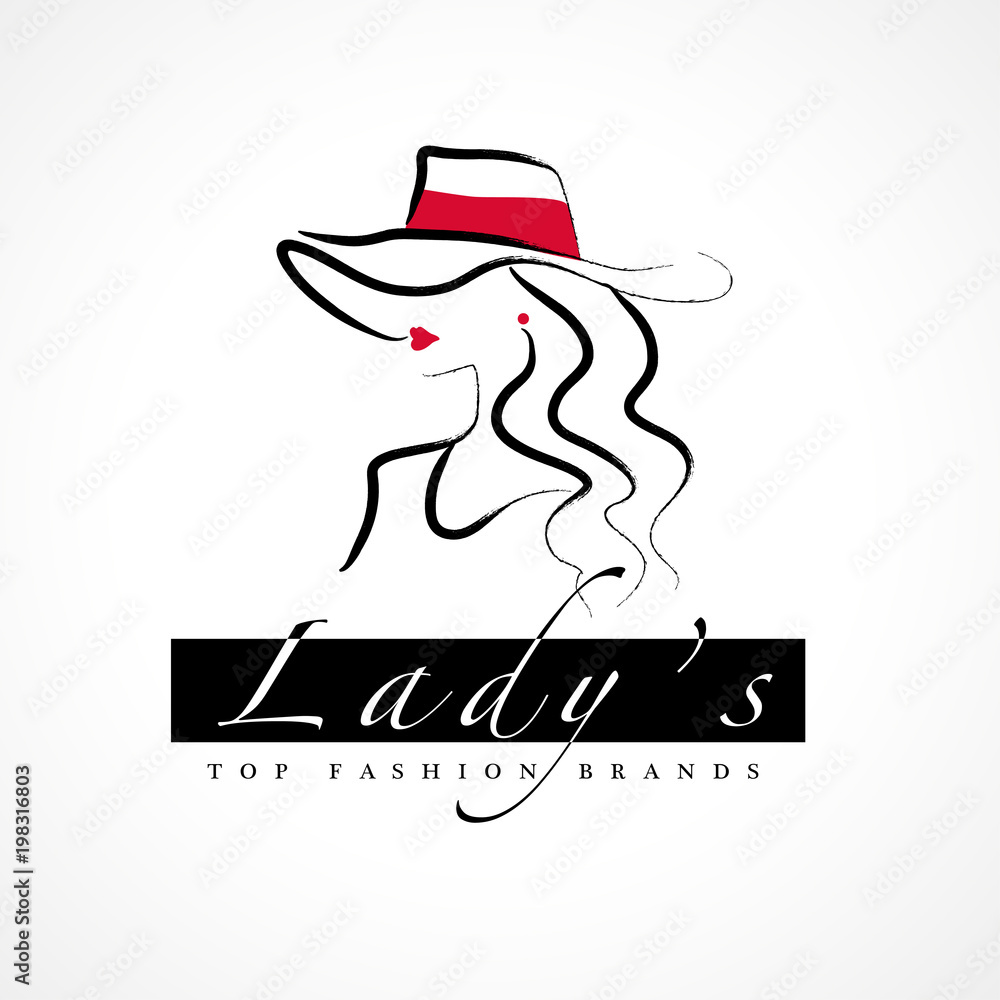 Vector artistic logo with hand drawn lady in hat portrait isolated on ...