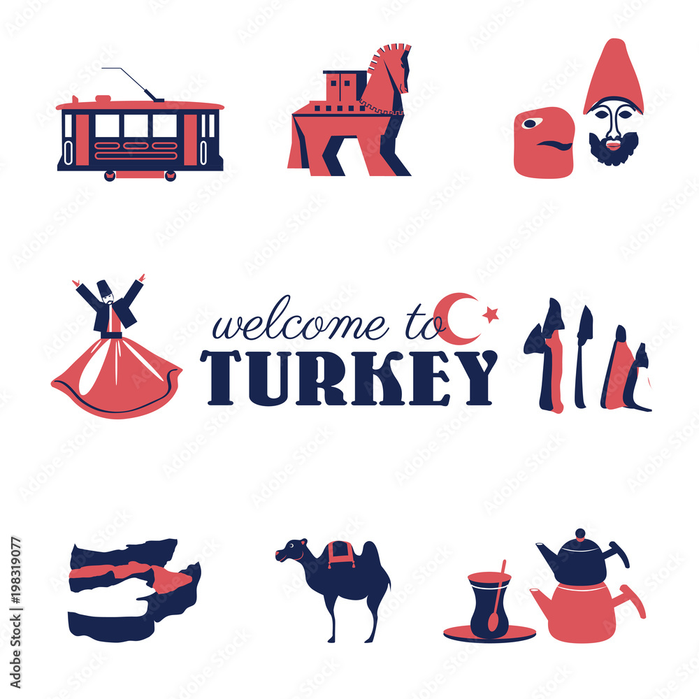 Turkey illustration, turkish symbol set, Trojan horse, mount Nemrut ...