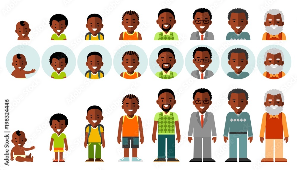 Set of african american ethnic people generations avatars at different ...