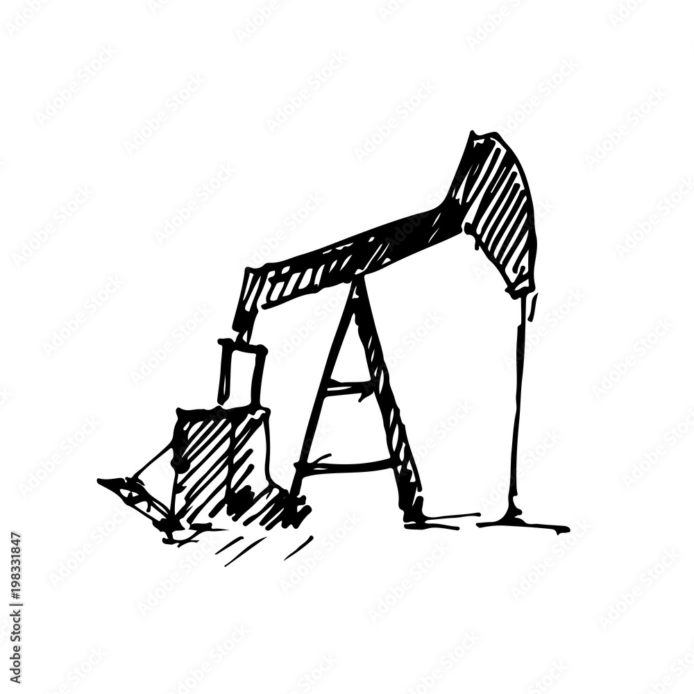 Hand drawn oil pump, industrial equipment. Vector illustration. Sketch ...