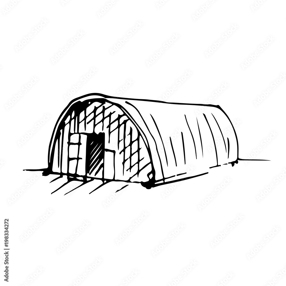 Hand drawn warehouse hangar, arched hangar for grain. Sketch, vector ...