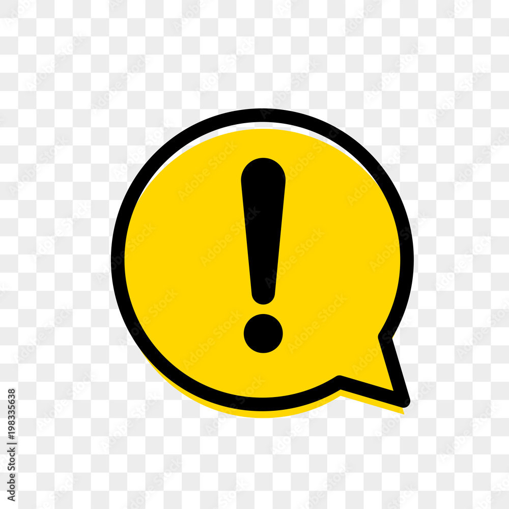 Exclamation mark of warning attention vector icon in yellow chat bubble ...
