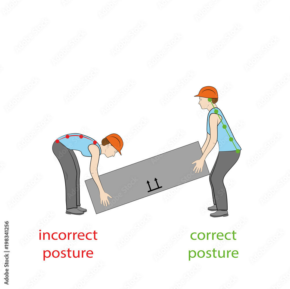Correct posture to lift a heavy object safely. Illustration of health ...