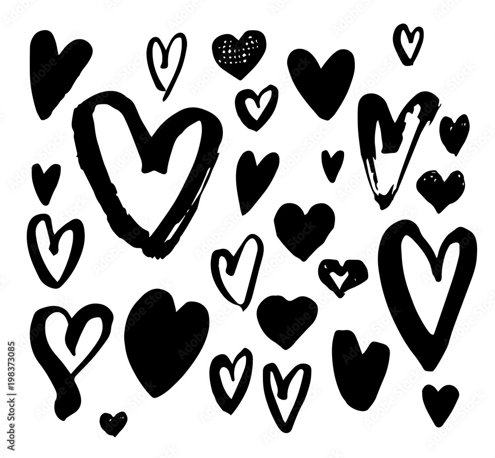 Brush pen heart big set. Handwriting different hearts collection. Hand ...