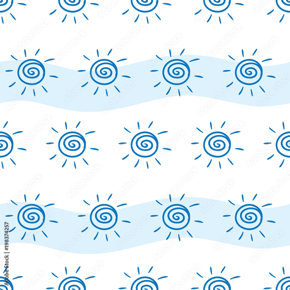 Pattern drawing sun on white and blue striped background. Painting sun ...
