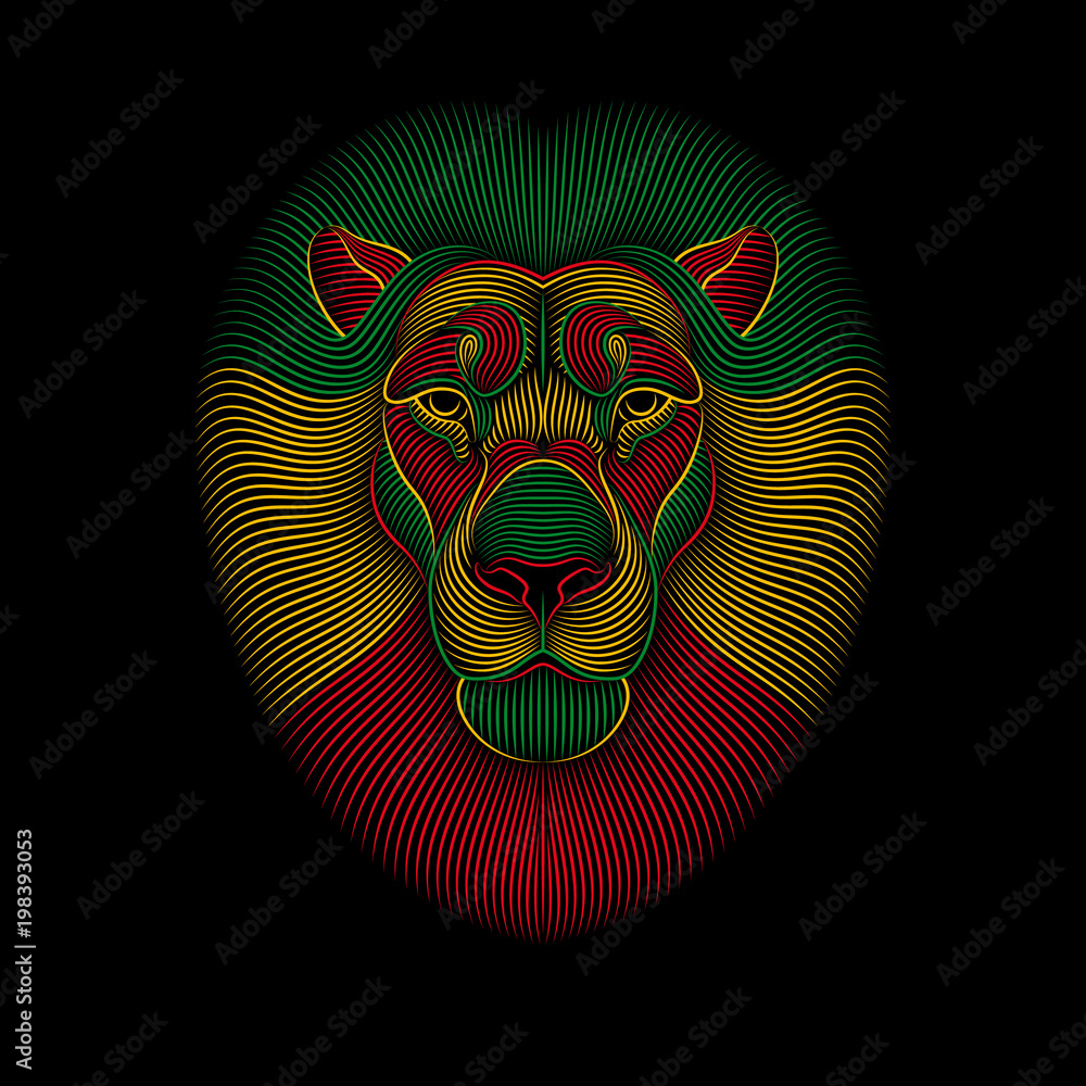 Engraving of stylized rasta lion on black background. Linear drawing ...