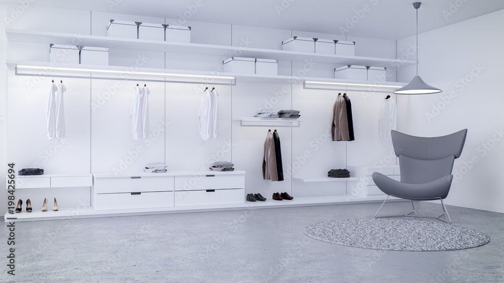 Modern loft walk in closet and white wardrobe interior design ,3d ...