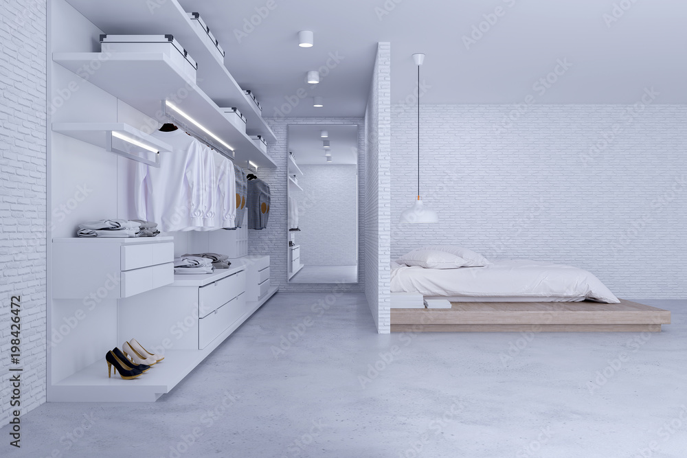 Modern Loft of bedroom and dressing room interior ,walk in closet with ...