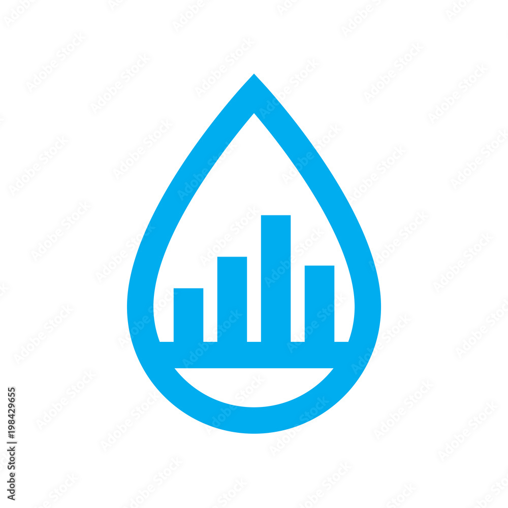 Water use consumption icon. Blue graph in water drop symbol isolated on ...