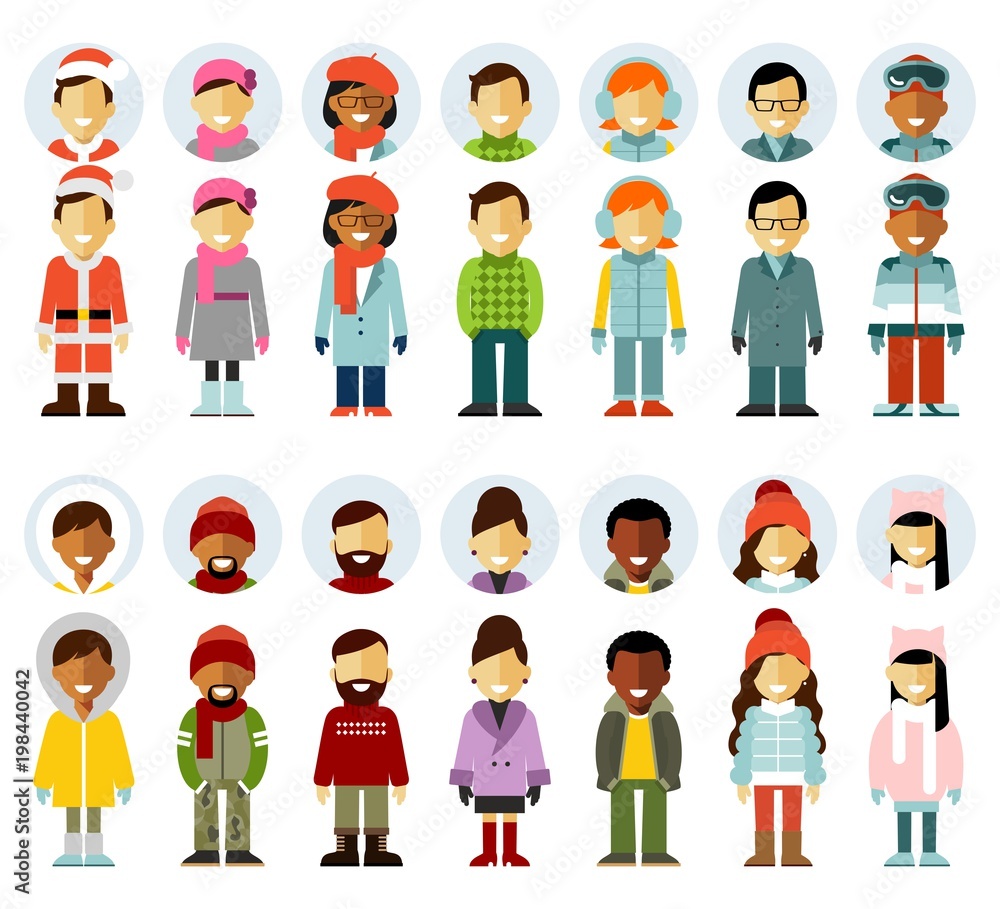 People winter characters stand set and avatars in flat style isolated ...