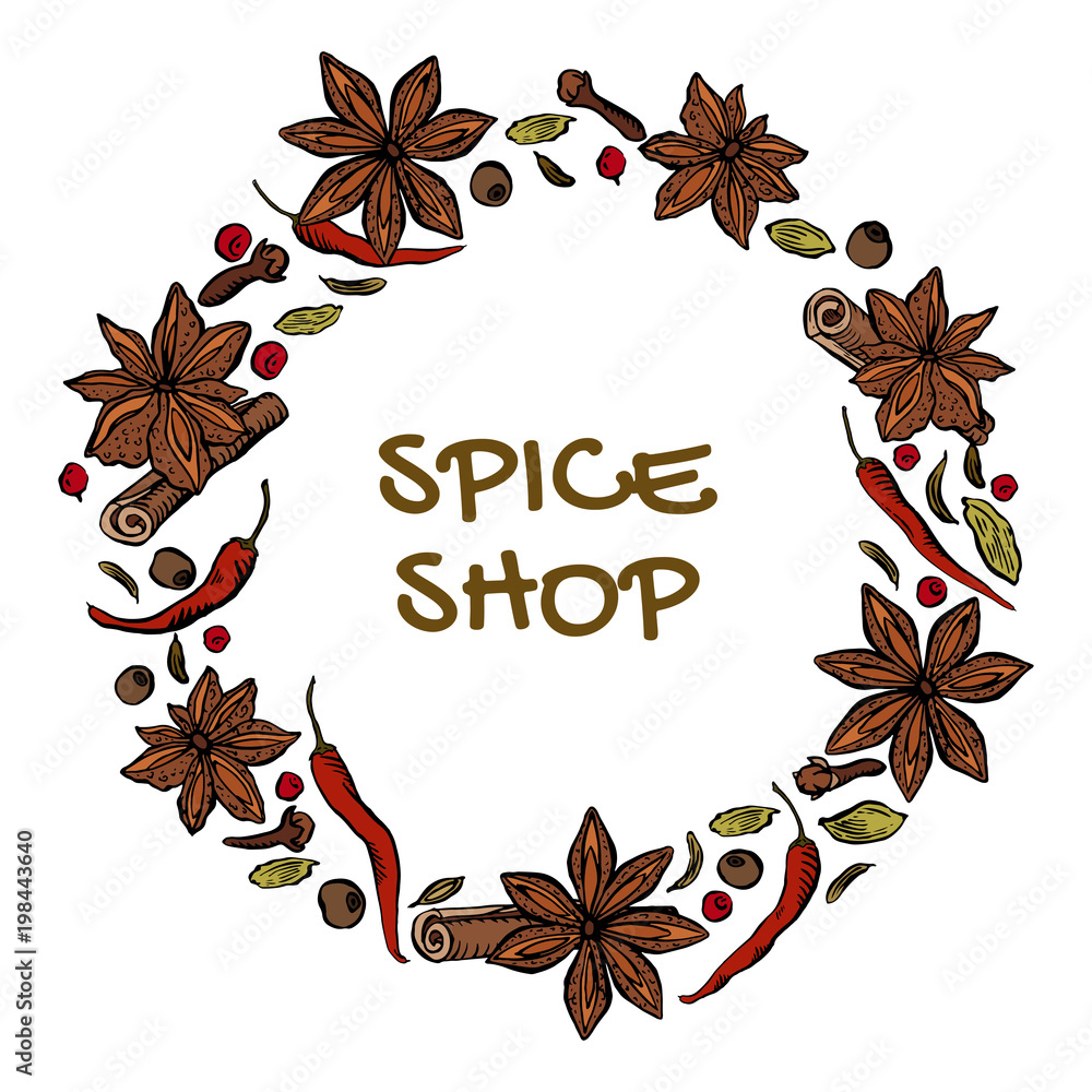 Spice shop logo in wreath; wreath made of spices in vector EPS8 Stock ...