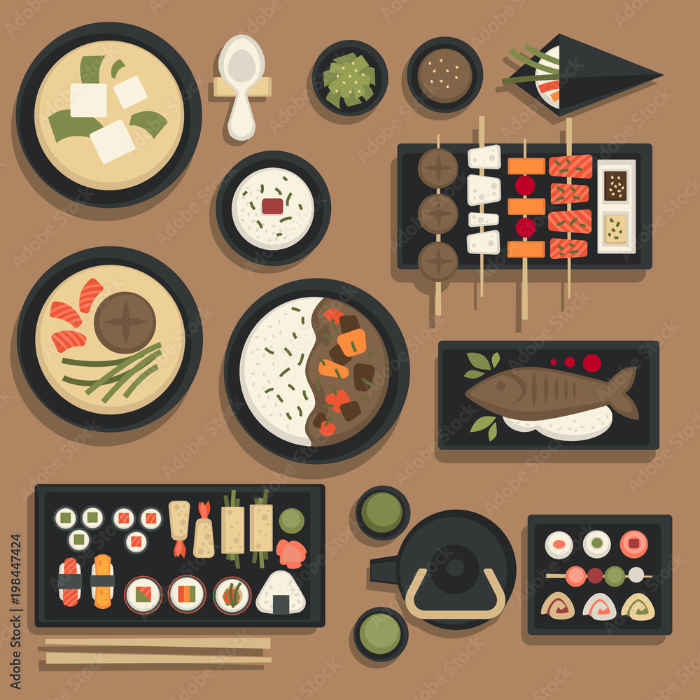 Japanese food and sushi bento vector icons for Japan traditional ...