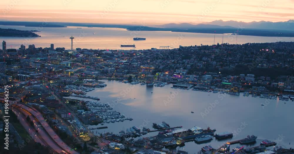 Amazing Sunset Helicopter Aerial Shot Seattle Washington USA Lake Union ...