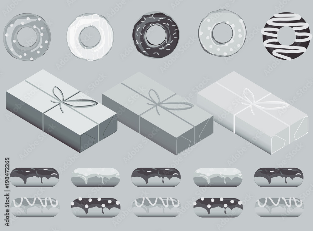 Set of isolated donuts with different decor, top view and side view ...