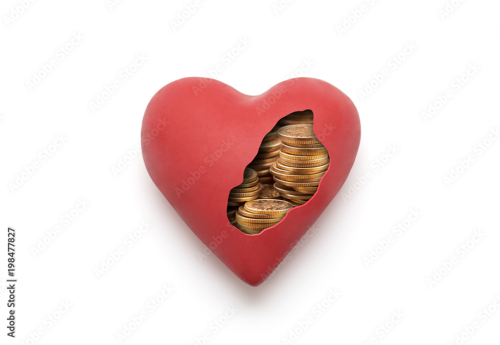 Red heart with golden coins over white background with clipping path ...