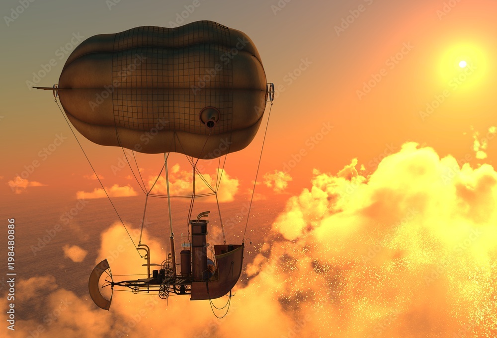 Fantasy Airship Zeppelin Dirigible Balloon 3D illustration Stock ...