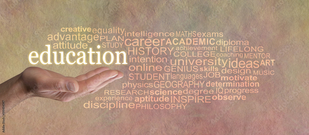 Words associated with education Word Cloud - male open hand with the ...