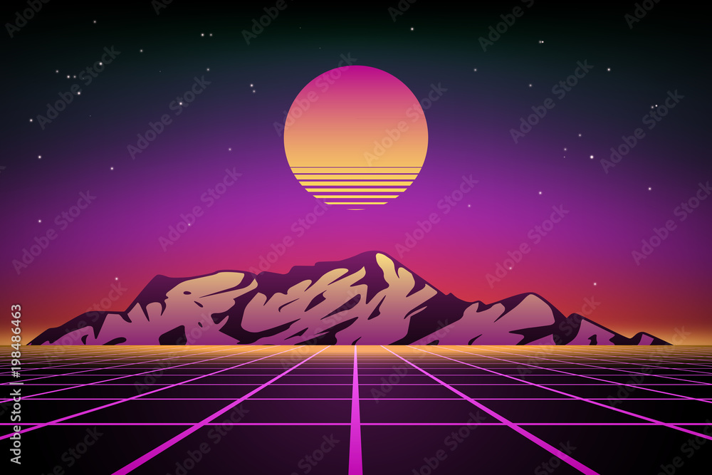 Abstract 80s retro background with mountains, vector illustration Stock ...