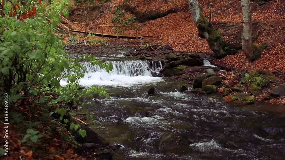 Small waterfall in park at autumn. Shallow river with cascade flowing ...
