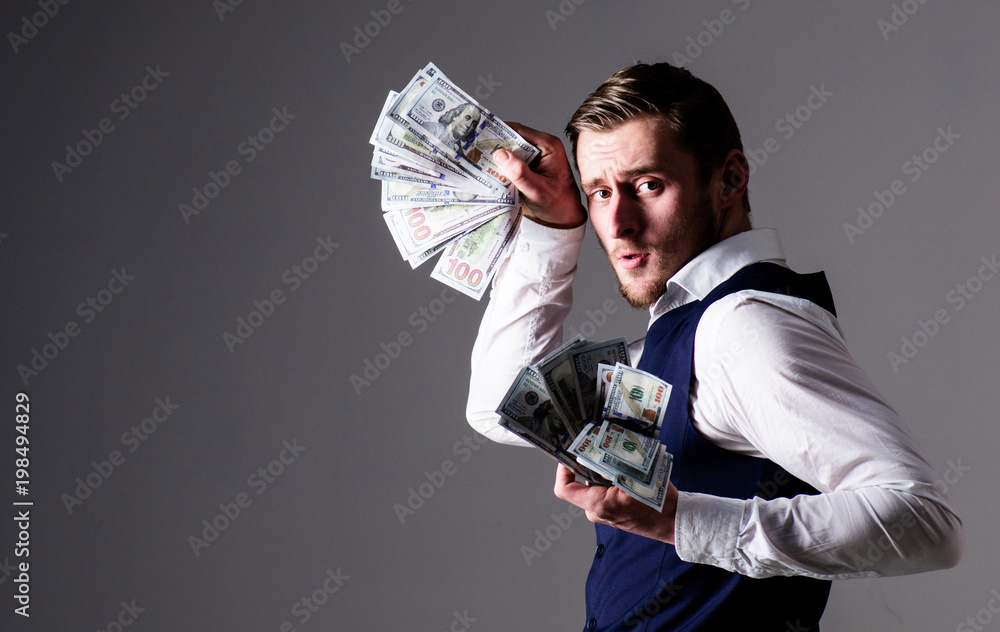 Rich man, successful entrepreneur get cash, banknotes, currency ...