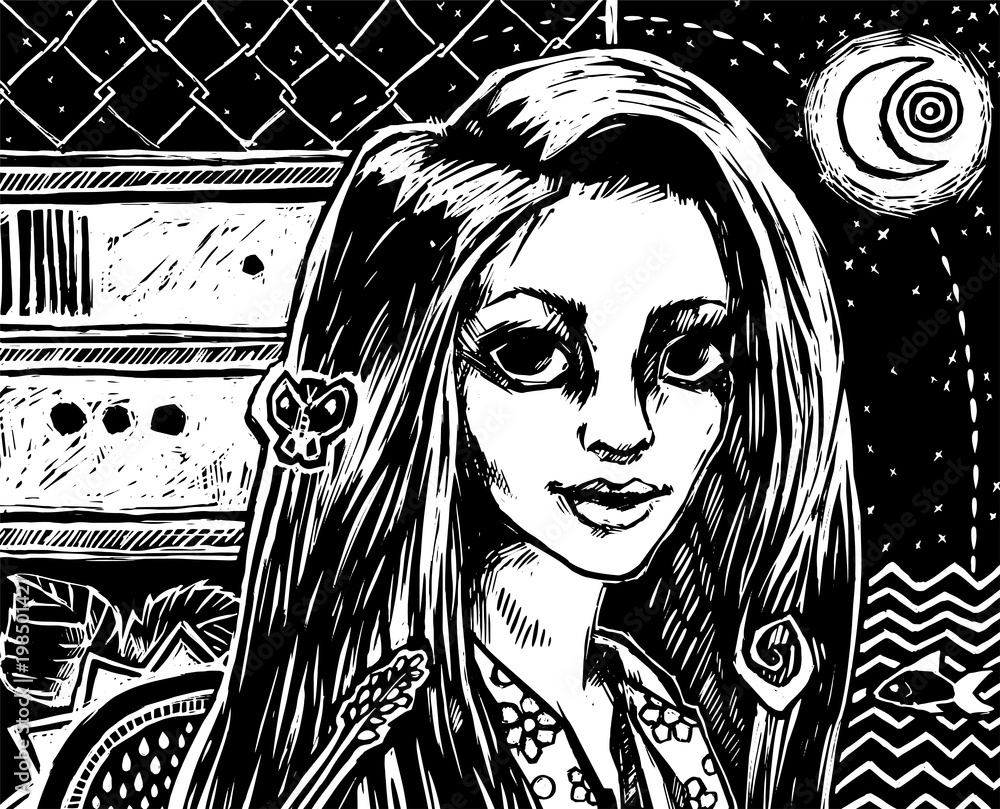 Beautiful girl with long hair. Graphic vector portrait. Linocut effect ...