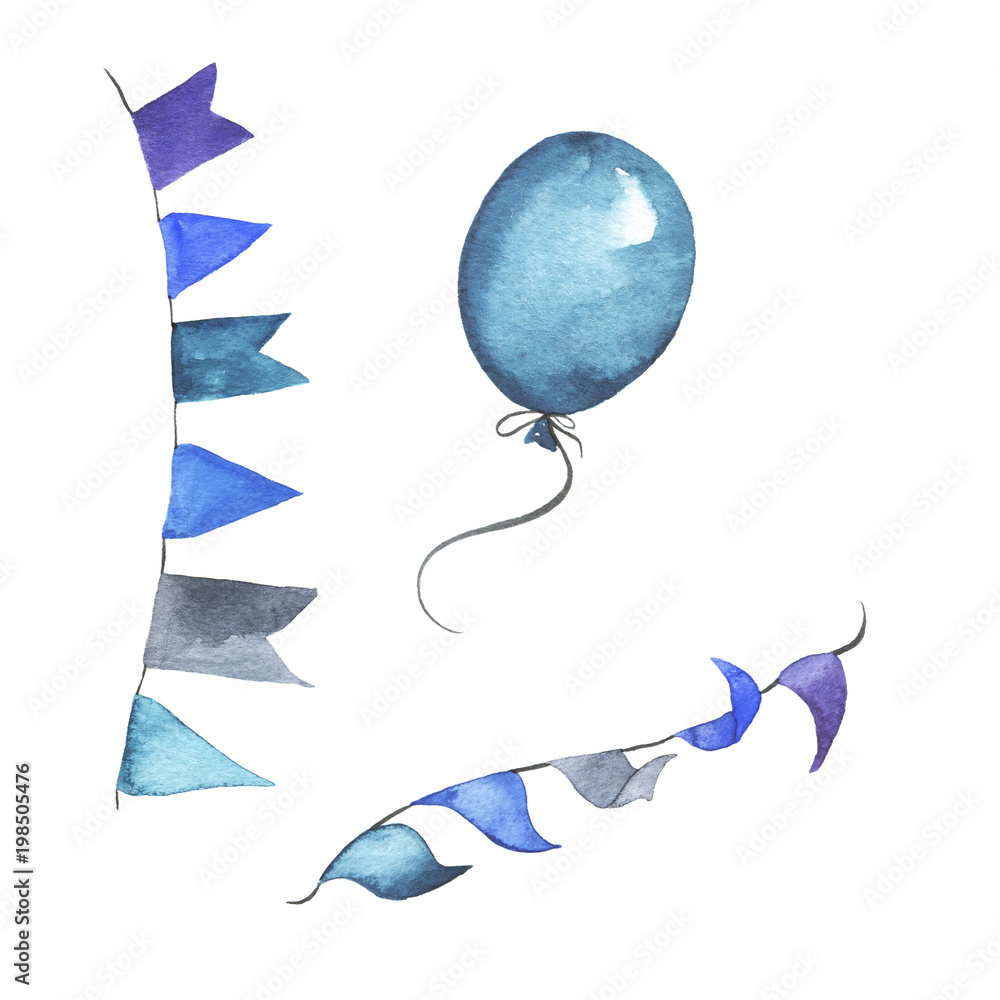 Set of blue balloon and ropes with flags isolated on white background ...