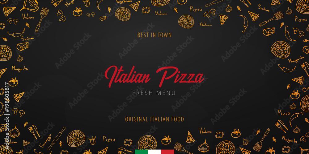 Pizza food menu for restaurant and cafe. Design banner with hand-drawn ...