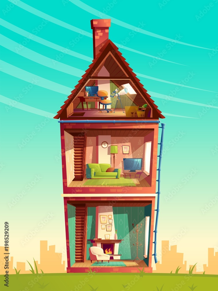 Vector three-story house interior cross section, cartoon multistorey ...