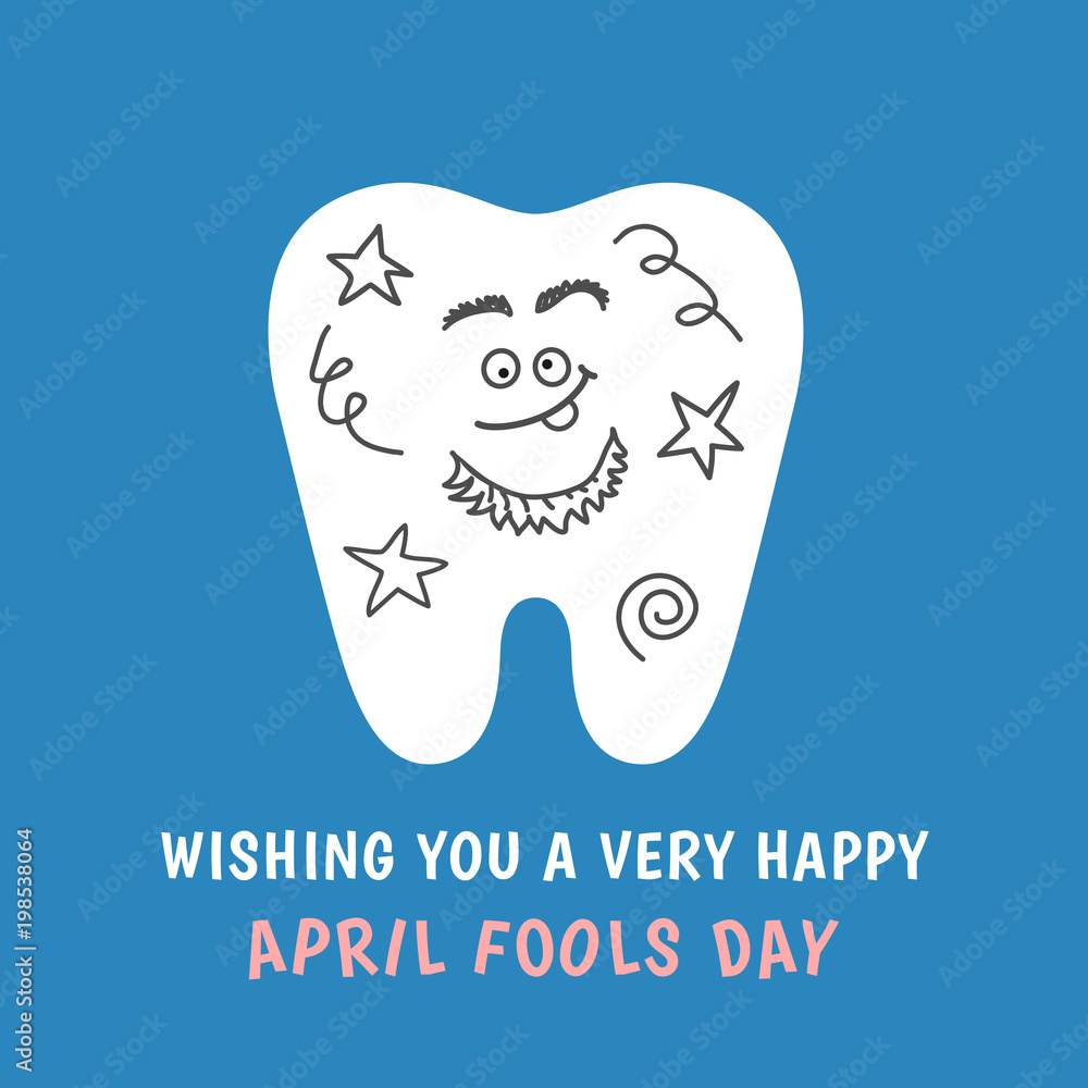Cartoon tooth painted with doodles joke prank. Happy April Fools Day ...