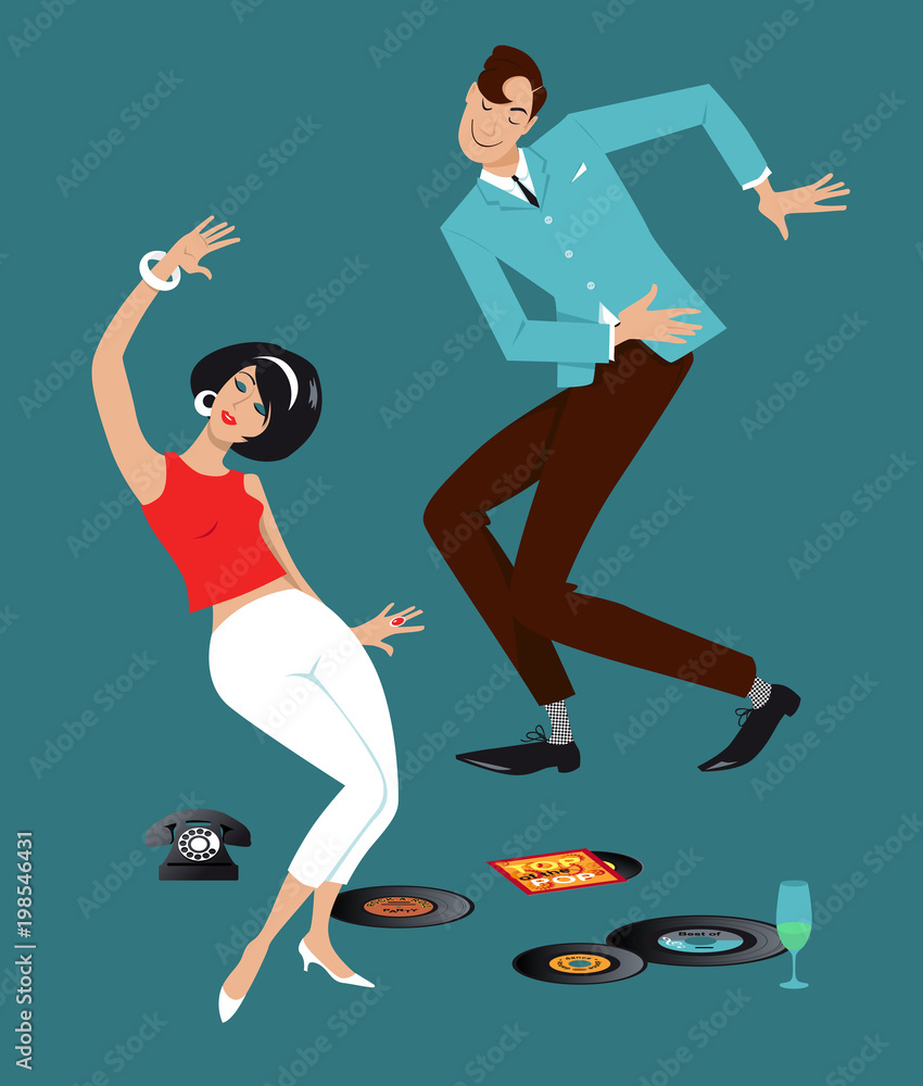 Mod couple dressed in early 1960s fashion dancing the Twist, vinyl ...