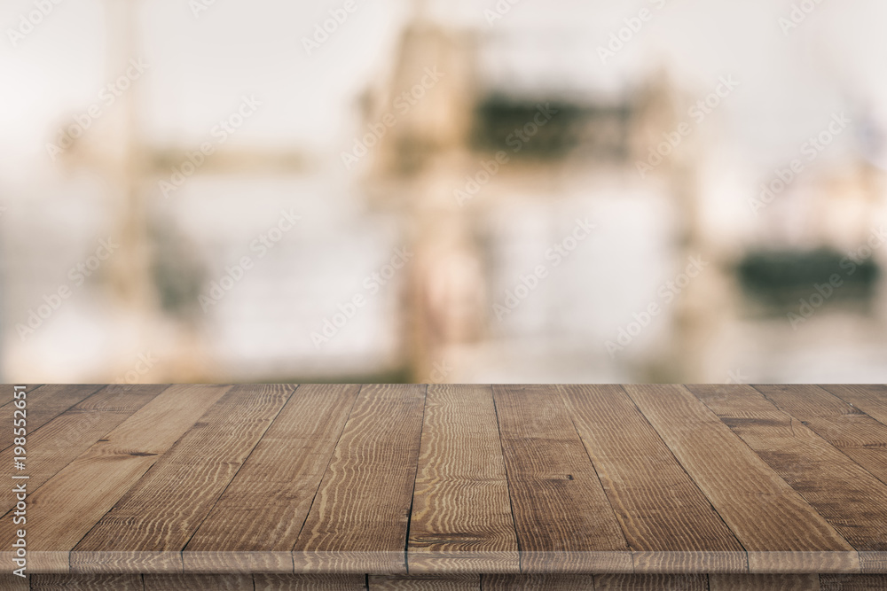 Fitted wooden worktop surface. Empty kitchen wooden table space ...