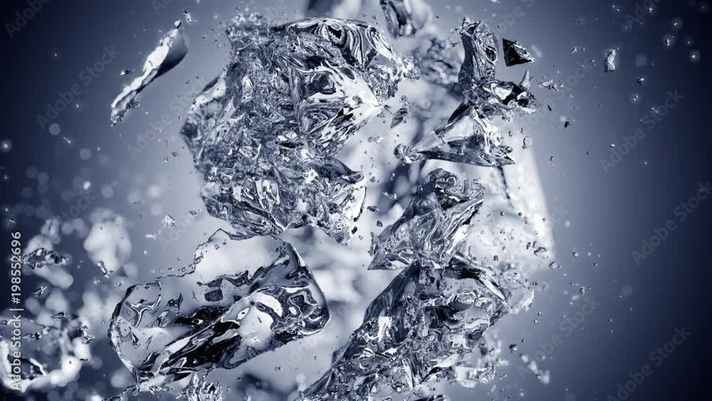 Exploding ice cube in slow motion with animated depth of field on blue ...