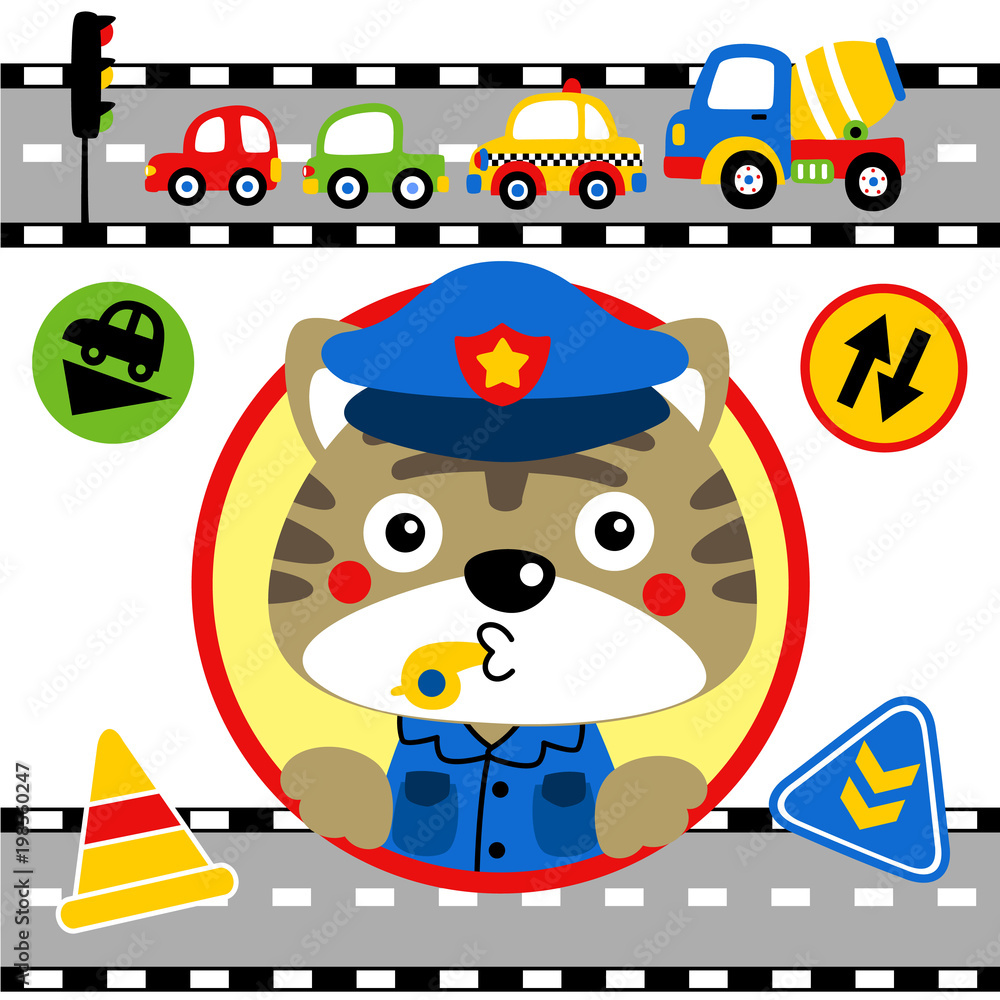 Traffic cop cartoon with vehicles, traffic signs. Eps 10 Stock Vector ...