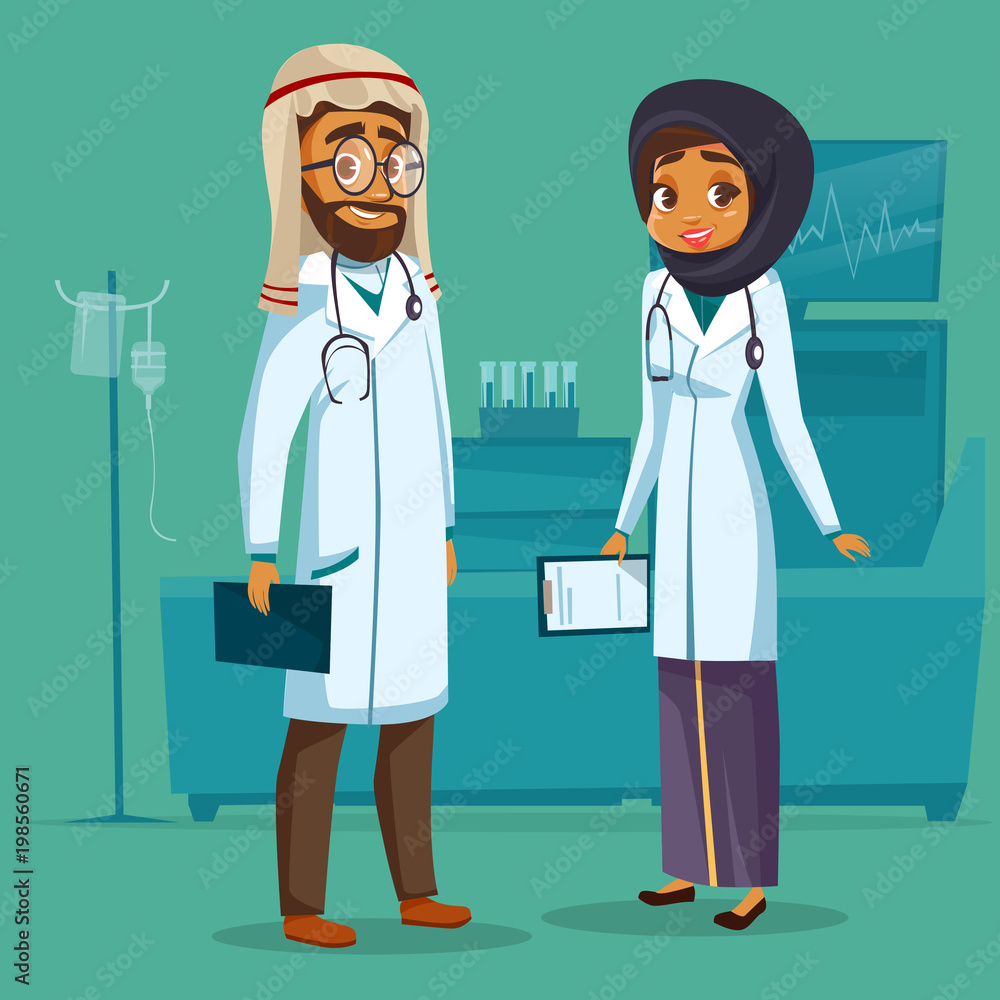 Vector cartoon muslim arab khaliji male female doctor nurse. Surgeon ...