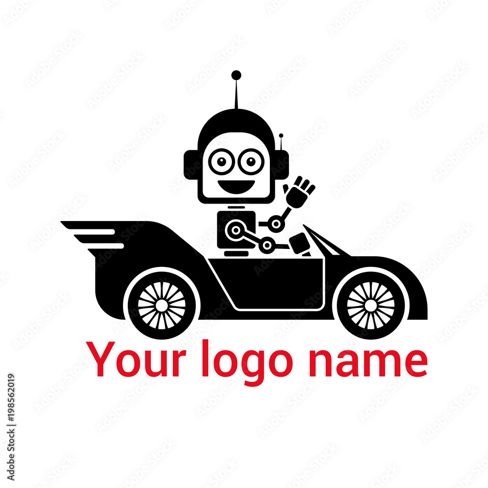 A robot seated by a car. Black-and-white robot riding in the car. The ...