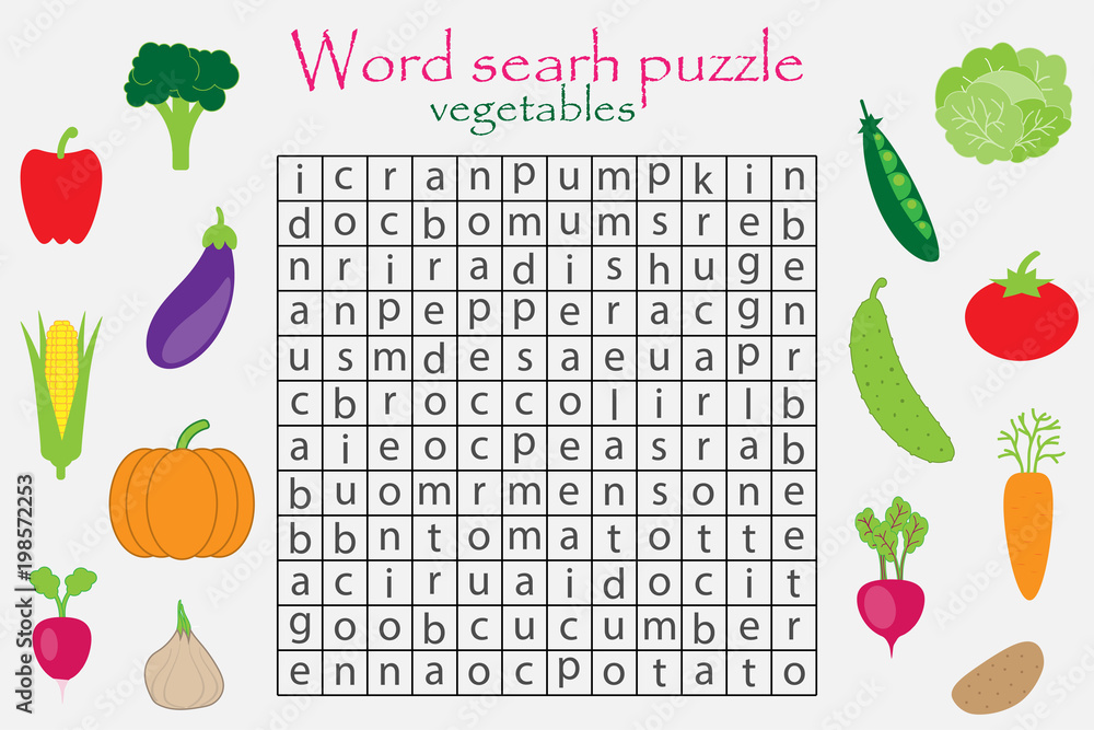 Word search puzzle for children, vegetables theme, fun education game ...
