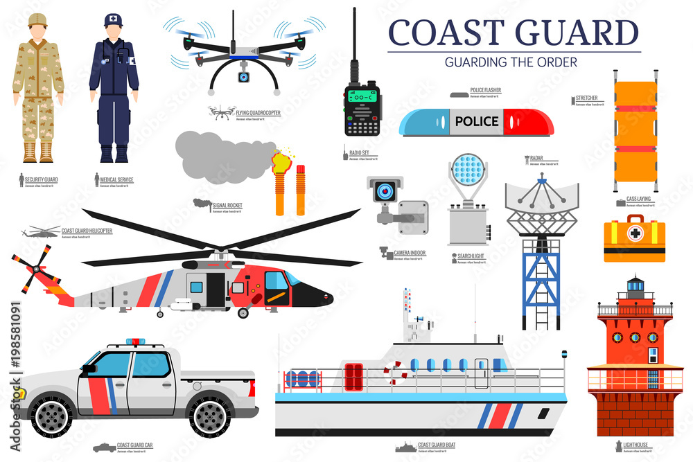 coast guard day flat icoms set. Guarding the order background. Devices ...