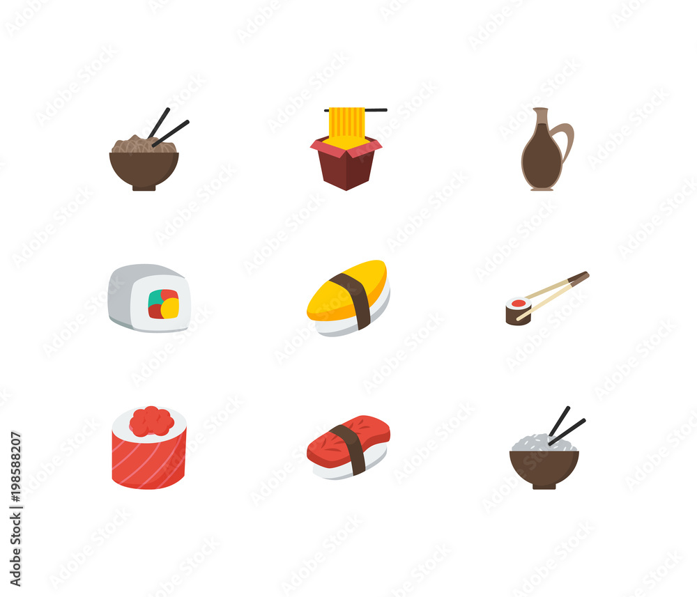 Food icons set. Futomaki and food icons with unagi nigin, sushi sticks ...