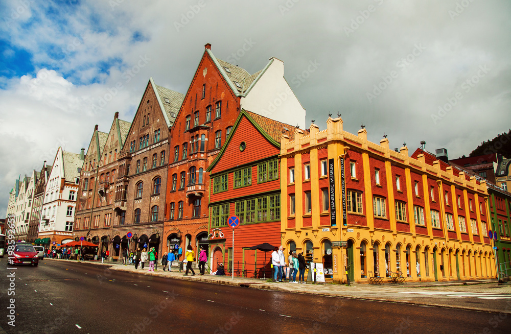 Facades of the colorful wooden houses in Bergen. Famous colored houses ...