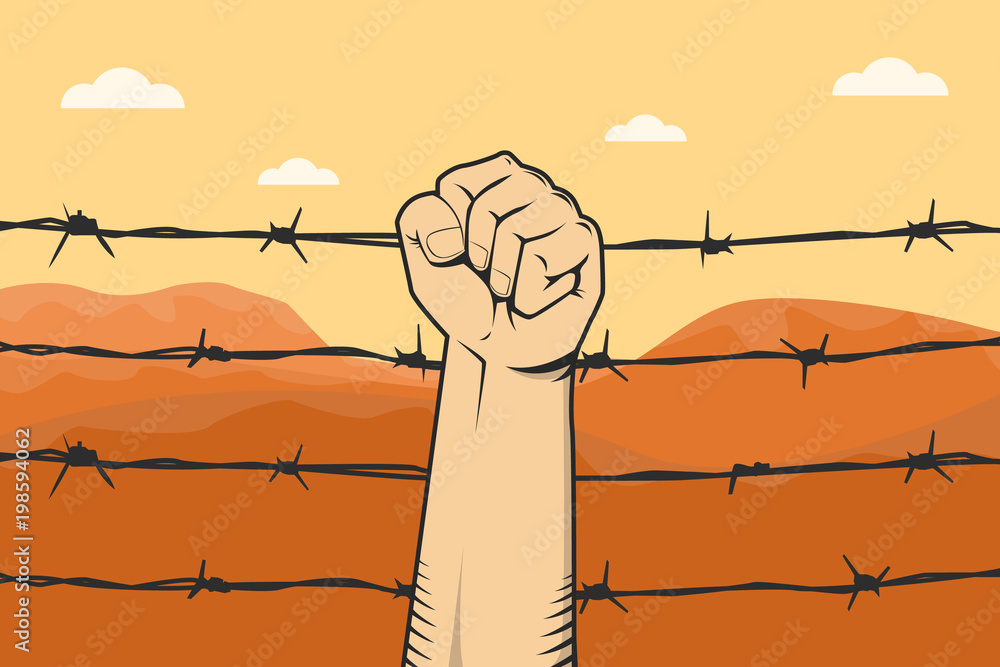 protest sign with hand fist and barbed wire as background and mountain ...