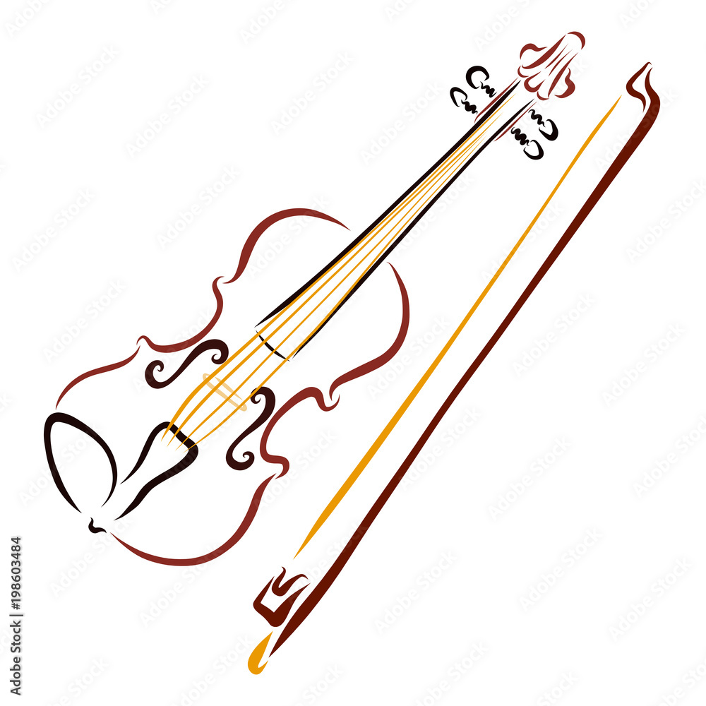 Elegant violin and bow, drawing with flowing lines Stock Illustration ...